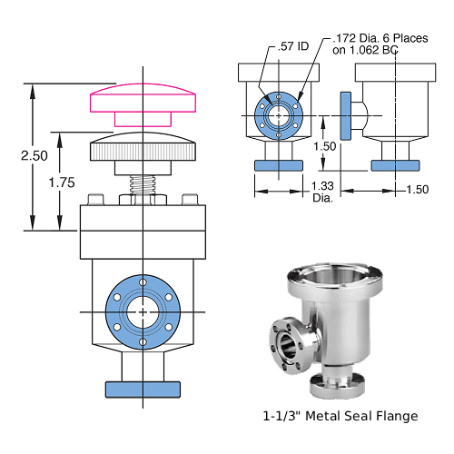 UHV Angle Valve 0.75" (19.05mm) Port, Manual actuator, 1-1/3" (34mm ...